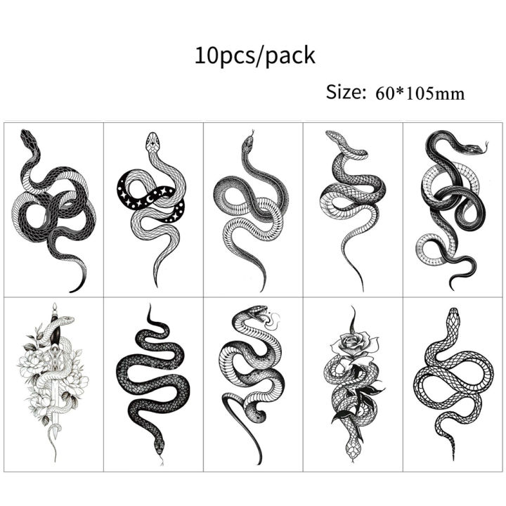 10pcs Snake Pattern Tattoo Stickers Waterproof Black Snake Temporary ...