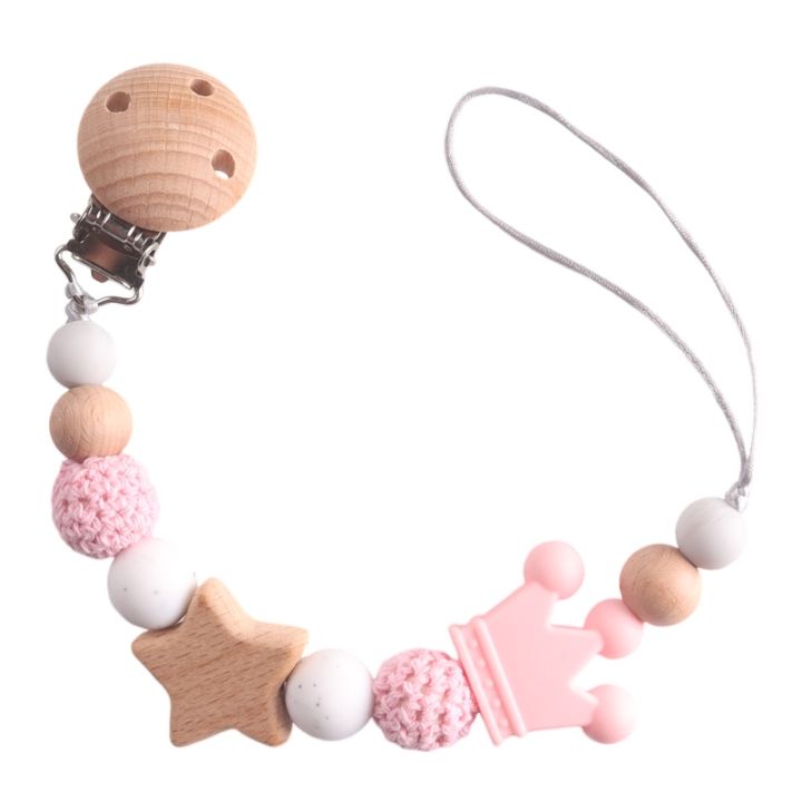Baby Pacifier Chain Clips Wood Pentagram Teether Silicone Round Beads ...