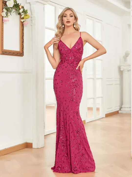 Elegant V-Neck Blue Mermaid Evening Dress Women Luxury Short Sleeves ...