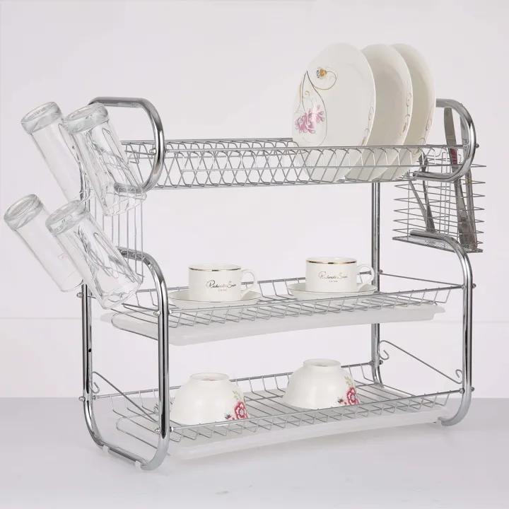 3-Layer Stainless Steel G-Shaped Dish Rack Kitchen Plate Stand with ...