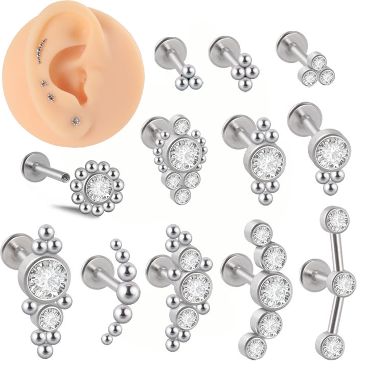1PC Surgical Steel Silver Color Labret Flat Base Ear Studs Crystal ...
