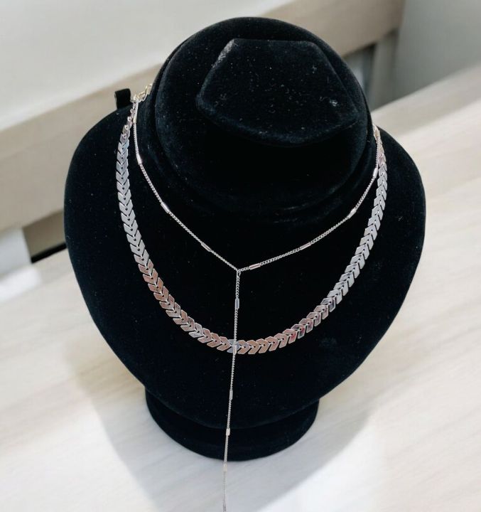 *Two layer silver necklace* Y-chain and bold herringbone design | Daraz.pk