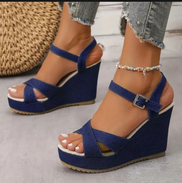 Denim Blue Cloth Gold Pump Women Pointed Stiletto Sandals Girls 10/12Cm ...