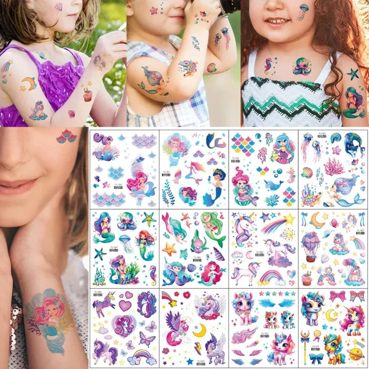 12pcs Glitter Mermaid Unicorn Waterproof Temporary Tattoo Sticker ...