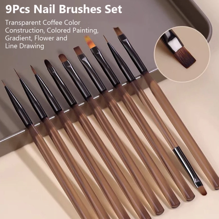 9Pcs Nail Brush Set Detail Work Pens Stylish Brown Handles Gel Nail Art ...