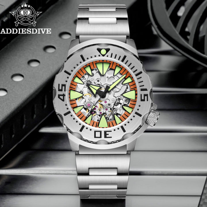 ADDIESDIVE luxury men's skeleton automatic watch sapphire glass BGW9 ...
