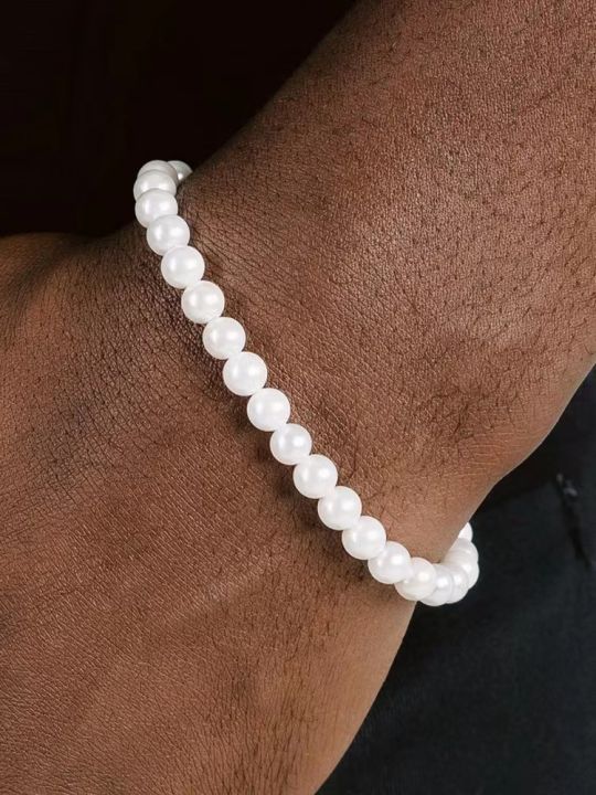 Hip Hop Imitation Pearls Bracelet For Men Vintage White ABS Acrylic ...