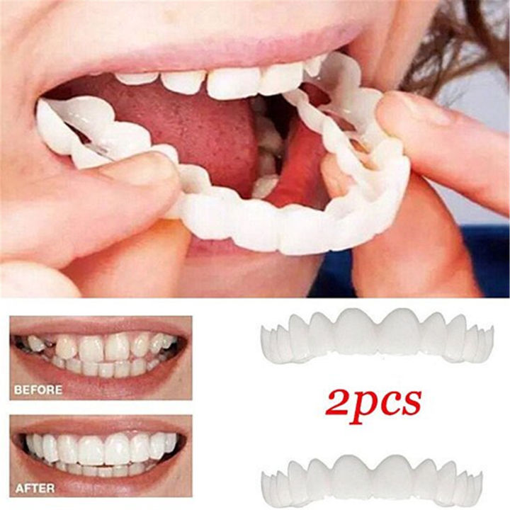 2Pcs/Set Comfort Fit White Fake Teeth Cover Top Veneer Denture Kit ...