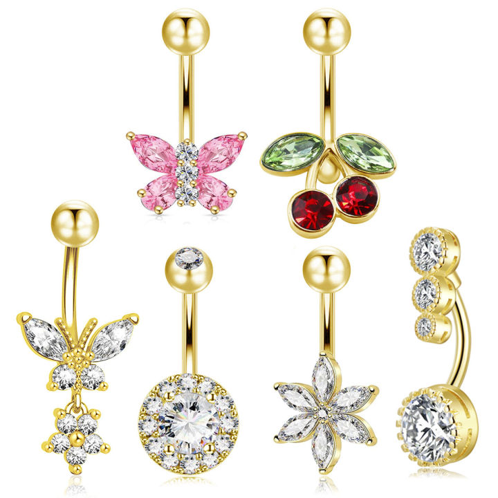 2pcs Stainless Steel Cherry Butterfly Belly Button Rings Shiny Cubic ...