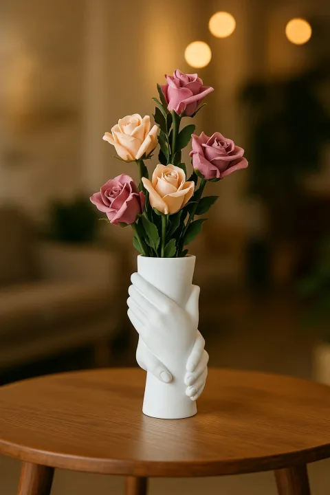Stylish Hand Holding Design Gypsum Flower Vase for Home & Office ...
