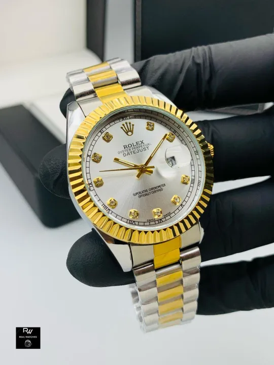 R Date Just Plain Bazel Two Tone Stainless Steel Watch | Daraz.pk