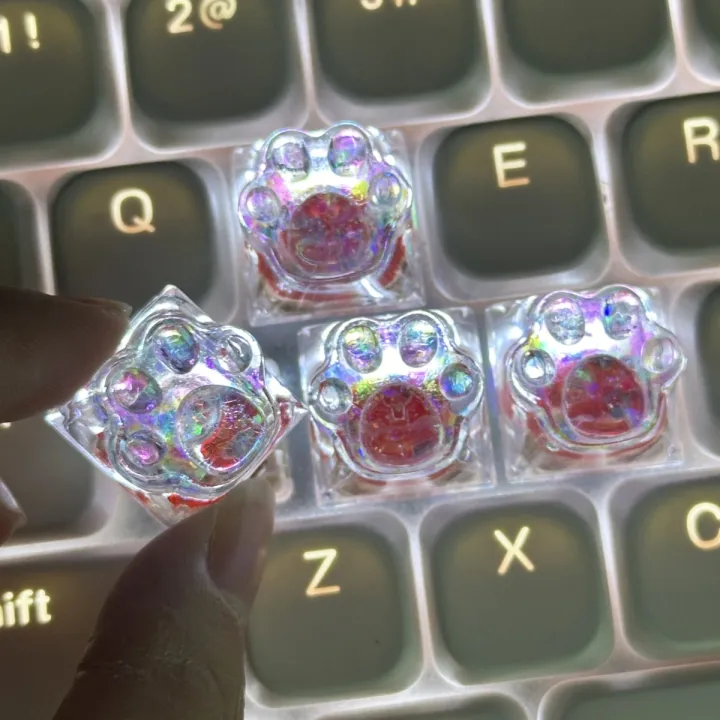 Handmade Translucent Sparkle Cat Paw Keycap Colorful Resin Keycaps for ...