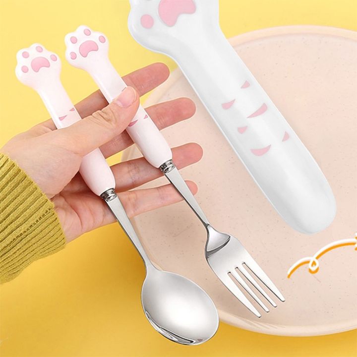 Cute Cat Paw Cutlery Set Stainless Steel Fork Spoon with Storage Box ...