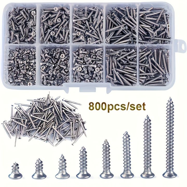 400pcs/800pcs Self Tapping Wood Screws Set M2 Phillips Flat Head Sheet Metal Screw Self Lock Nut ...