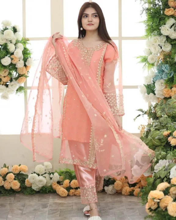 3 Pcs Woman's Stitched Organza Embroidered Suit | Daraz.pk