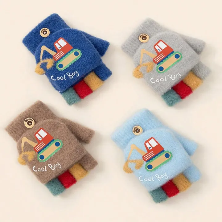 1 Pair Kids Boys Girls Cartoon Excavator Half Finger Flip Cover Winter ...