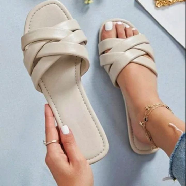 Comfortable Pu Leather Plain Cross Design Flat Shoes/ Slippers For ...