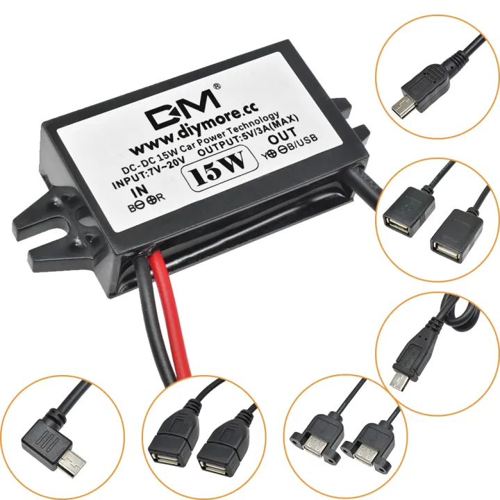 DC-DC 12V to 5V 3A 15W Car Power Converter Micro USB Step Down Voltage ...
