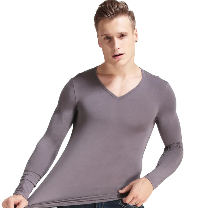 Men's thermal underwear V-neck round neck thin autumn shirt slim long ...