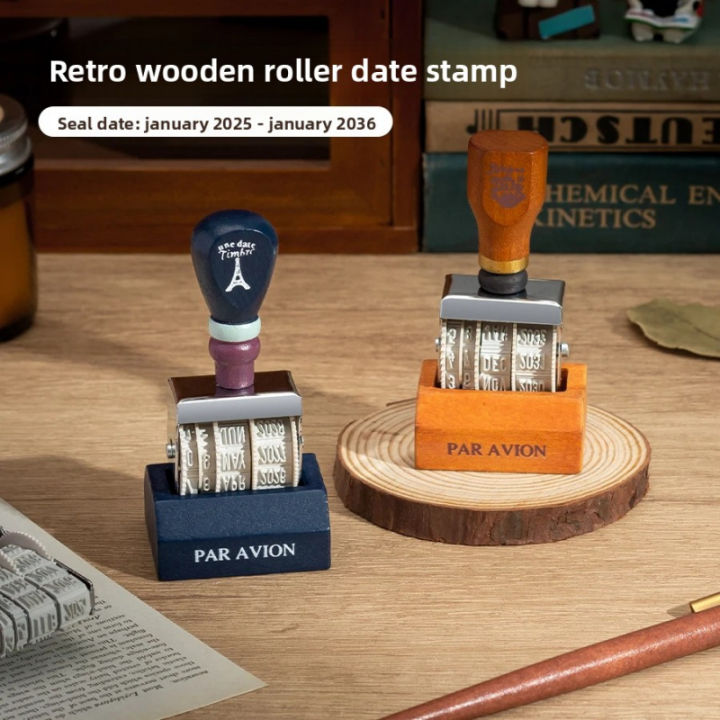 Retro Date Stamp Wheeled Wooden Rolling Calendar Stamp for Journaling ...