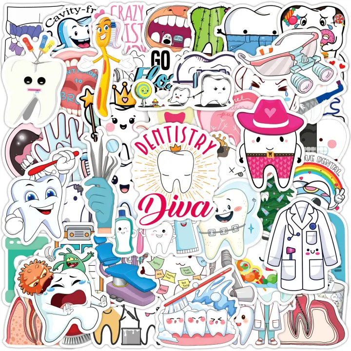 50Pcs Cute Dentist Protect Tooth Stickers Funny Toothbrush Teeth Decal ...