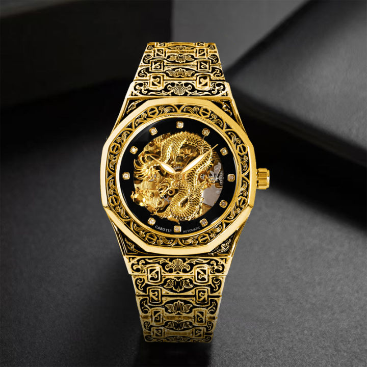 A men's black and gold vintage luxury carved golden dragon polygonal ...