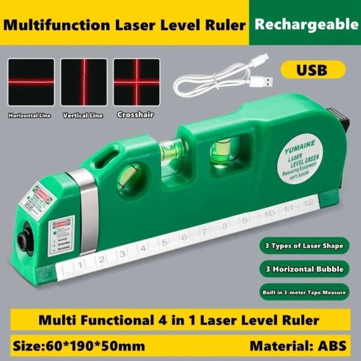 4 in 1 Rechargeable Laser Level Ruler with Measuring Tape | Horizontal ...