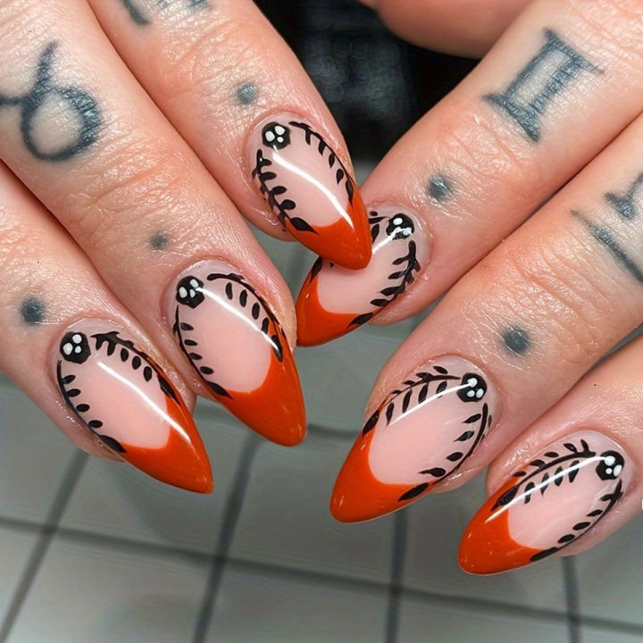 24 Pcs Glossy Almond Orange Skeleton Leaves Short Press On Nails French ...