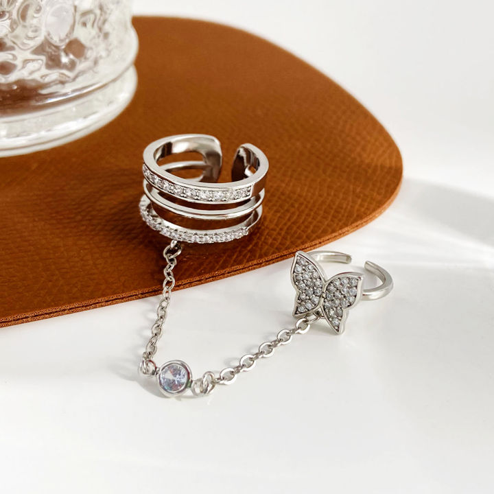 Butterfly Statement Ring for Women with Bling Rhinestones and Chain ...