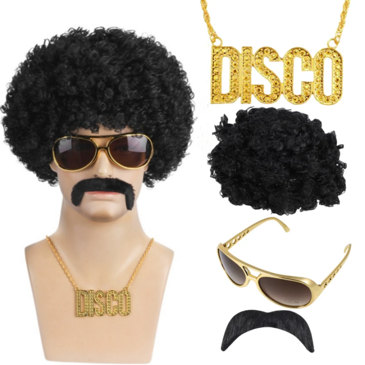 African Mens Synthetic Wig 4 PCS Set Wig+Glasses+DISCO Necklace+Beard ...