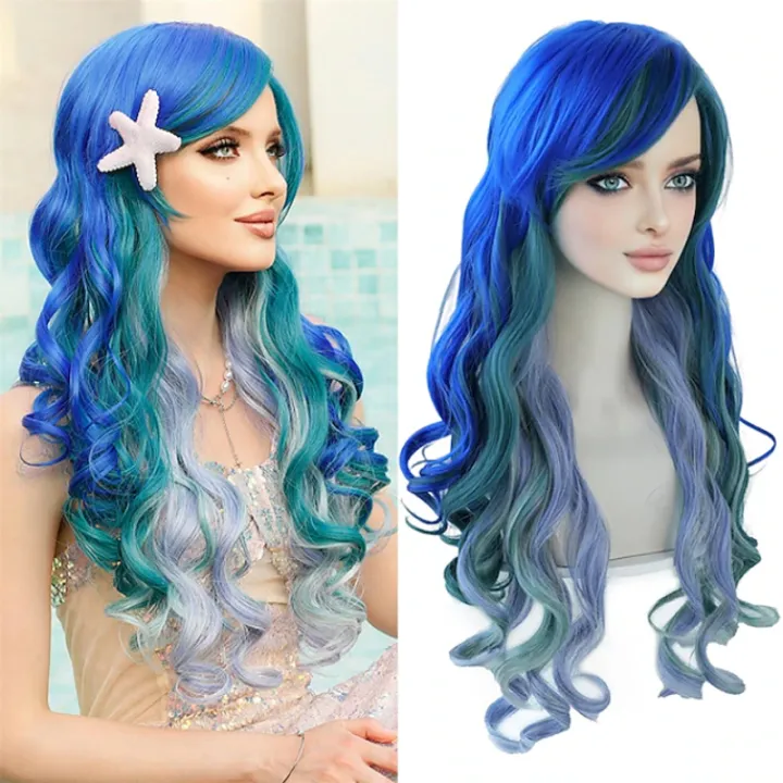 HAIRJOY Synthetic Hair Long Wavy Blue Green Mermaid Wig Curly Ariel ...