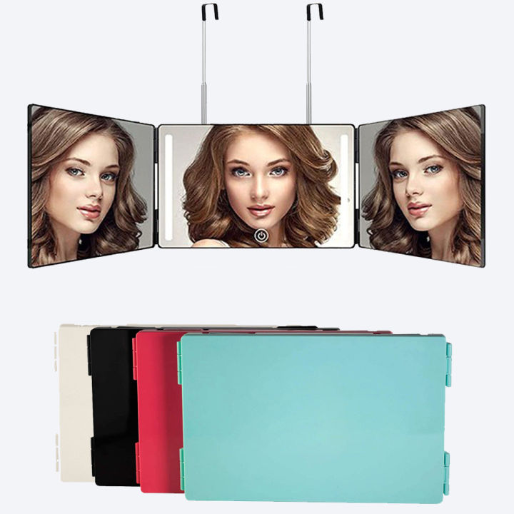 Retractable hanging three-sided folding makeup mirror men's tri-folding ...