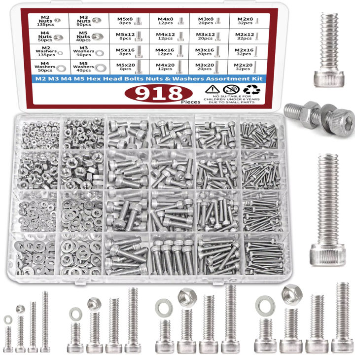 918pcs Nuts and Bolts Assortment Kit - M2, M3, M4, M5 Hex Head 304 Stainless Steel Bolts, Nuts ...