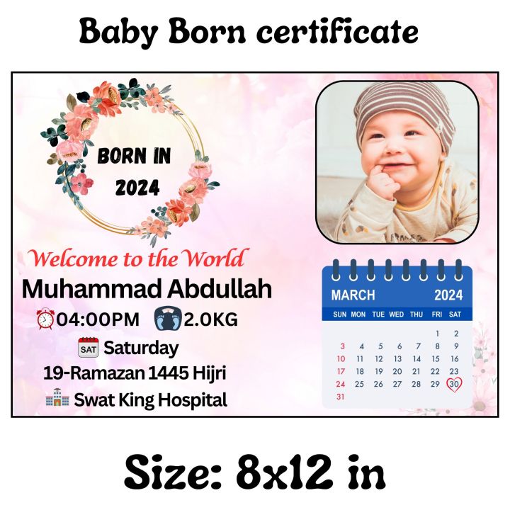 Premium Quality Custom Baby Born Photo Certificate with Date Calendar ...