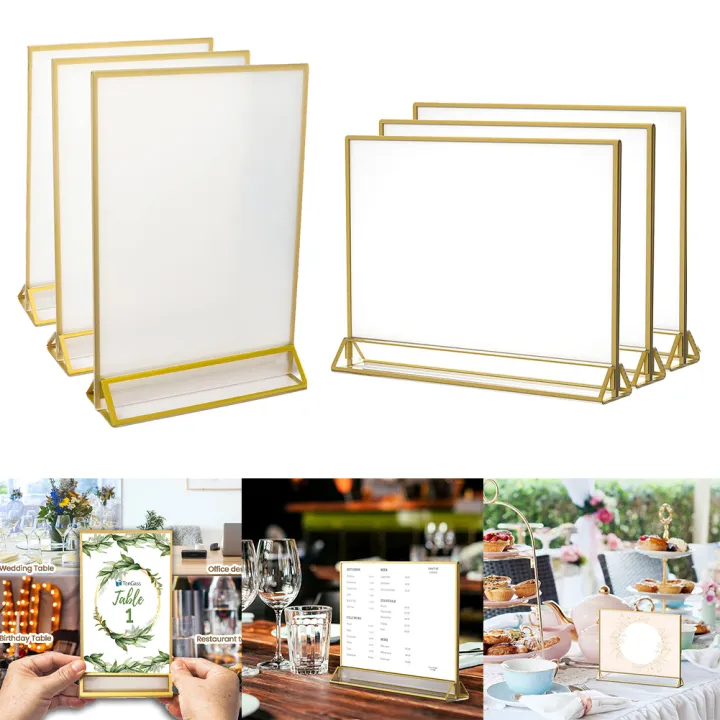 Gold Borders Acrylic Sign Holder Picture Frame Display Stand Clear ...