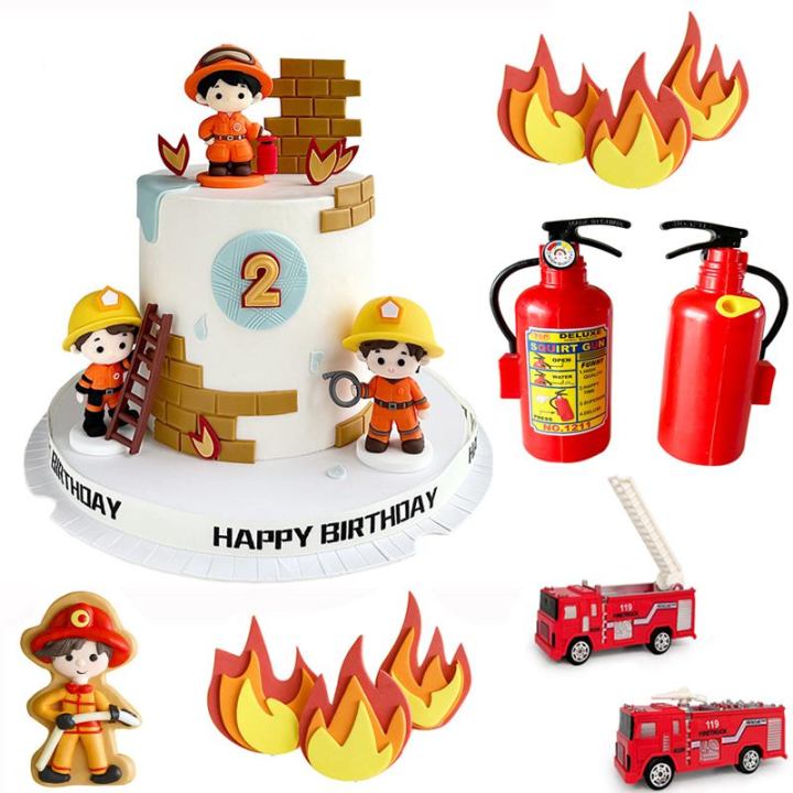 Firefighter Hero Theme Cake Toppers Fire Ladder Truck Kids 1st Birthday ...