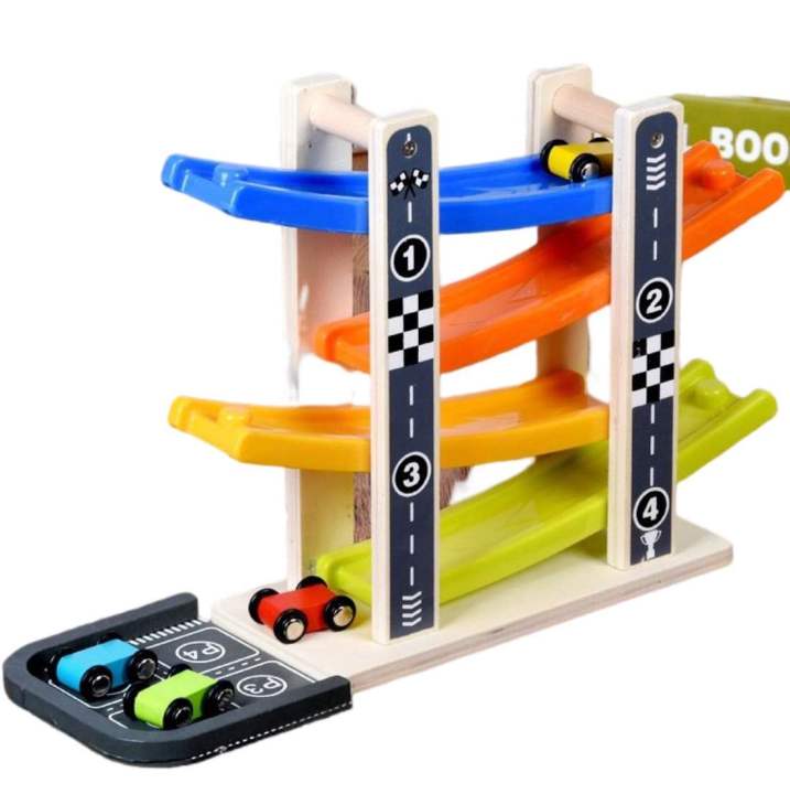 4 Layers Children Wooden Sliding Motor Racing Track Toy Car Game Ramp ...