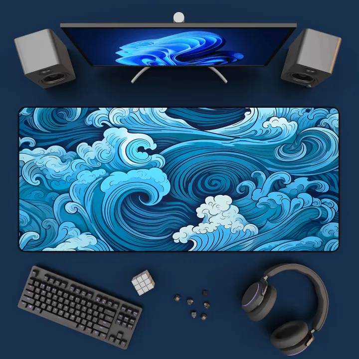 Aesthetic Desk Mat Art Japanese Great Waves XXL Gaming Mouse Pad Blue Mousepad 900x400 Beautiful ...