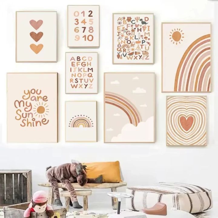 Nursery Wall Posters Sun Rainbow Canvas Painting Alphabet Print Number ...