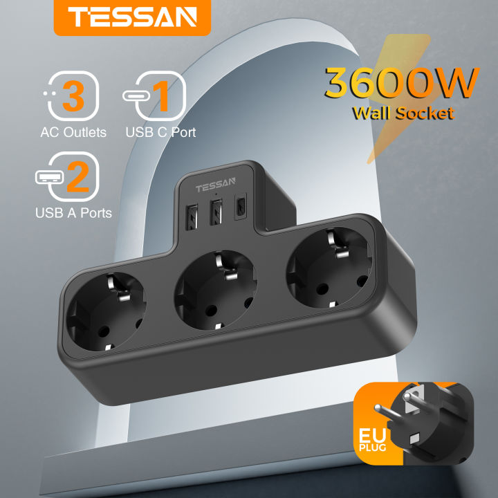 TESSAN Multiple Wall Socket Extender with 3 Outlets +2 USB +1 Type C, 6 ...