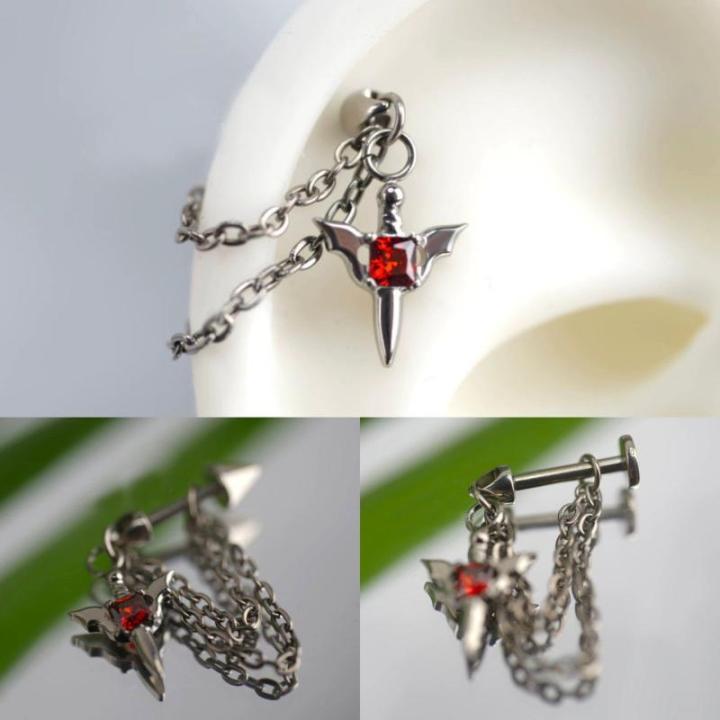 1Pc Y2K Red Zircon Wing Chain Piercing Earring For Women Men Gothic ...