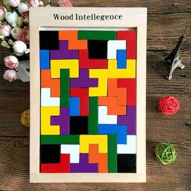 Wooden Tetris Jigsaw Tangram Puzzle Brain Teasers Toy Blocks Game Colorful Wood Puzzles 40 pcs ...
