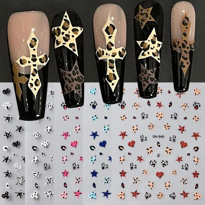 5 pcs Brown Leopard Print Nail Stickers Blue Pink Leopard Stars Self ...