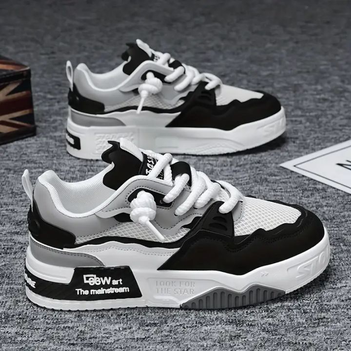 MAINALUN Men's Lace-Up Sneakers - Black/White Low-top Shoes with ...