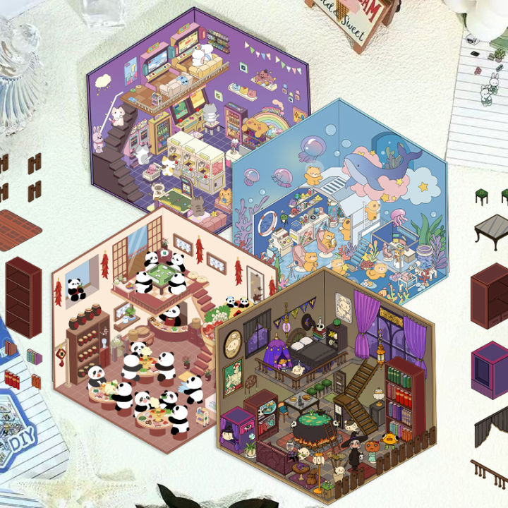 PET Cartoon Scenery Stickers Cute Miniature World 3D House ...