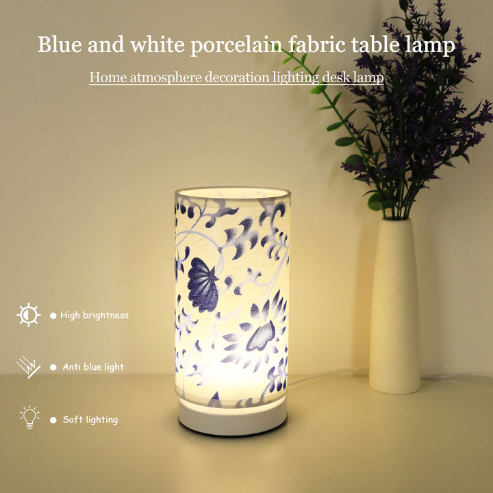 Modern fabric blue and white porcelain desk lamp, home warm lighting ...