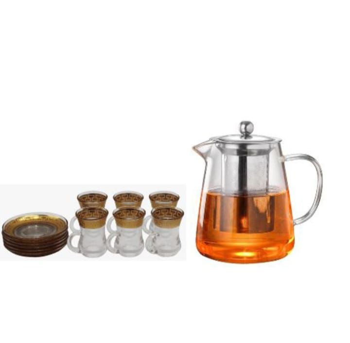 GLASS TEAPOT WITH INFUSER 950ml +Turkish tea set 6cup 70ml + 6 saucers ...