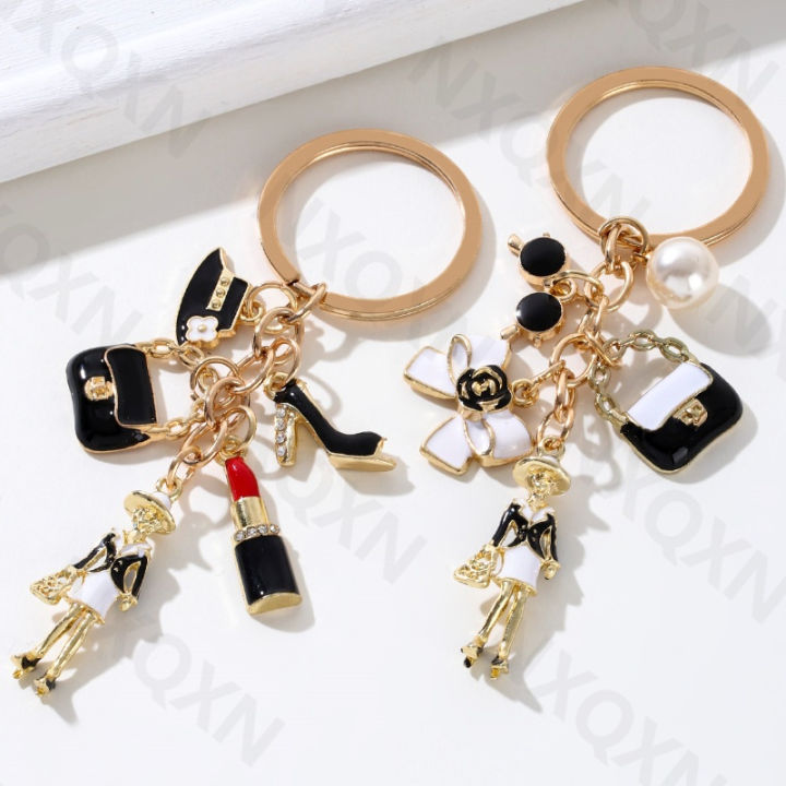 Pretty Bow Knot Handbag Hat Elegant Women Enamel Keychain Preal Key ...