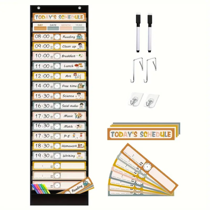 Boho Daily Schedule Pocket Chart with 30pcs Double-Sided Reusable Cards ...