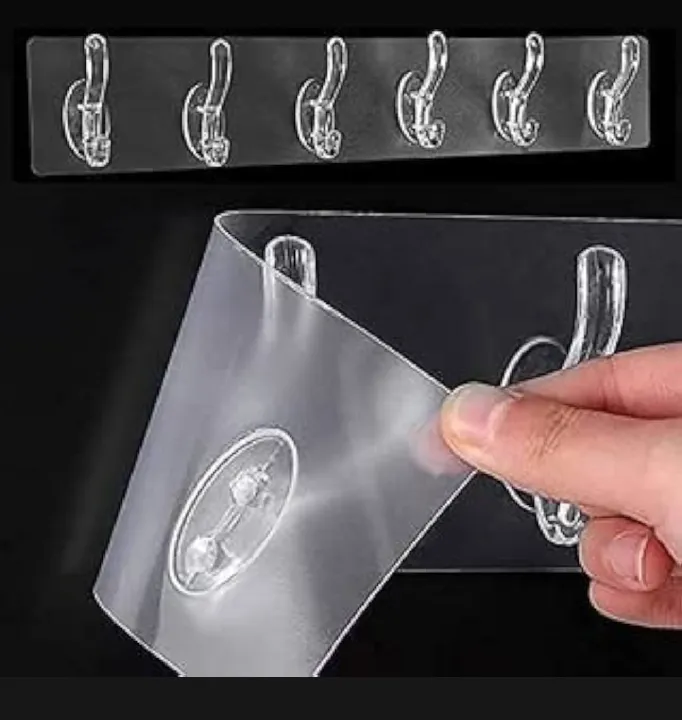 6 hook Self Adhesive Wall Mounted Sticky Hooks Strip with 6 Hooks for ...